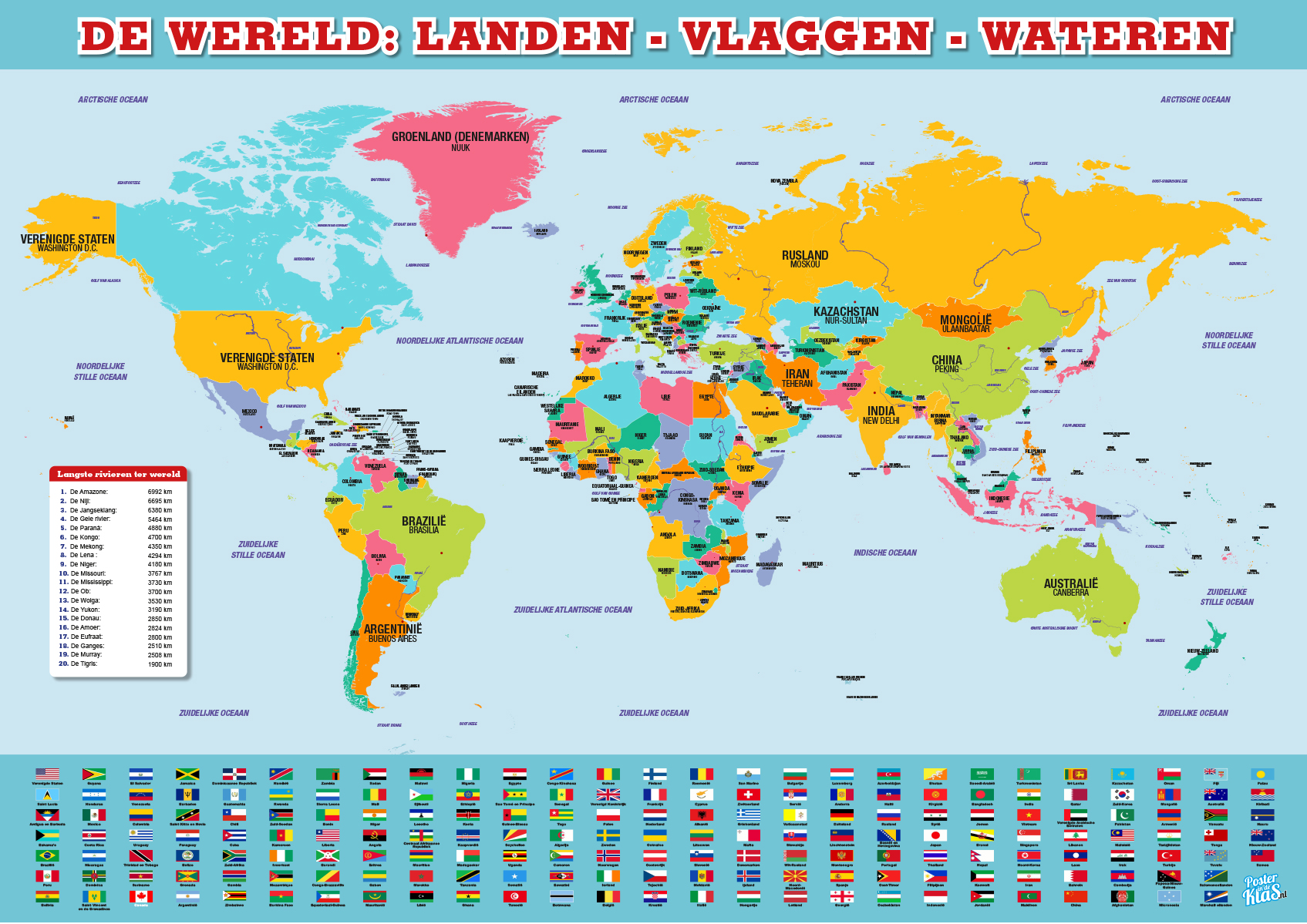 De wereld: Landen - Vlaggen - Wateren - Poster in de Klas